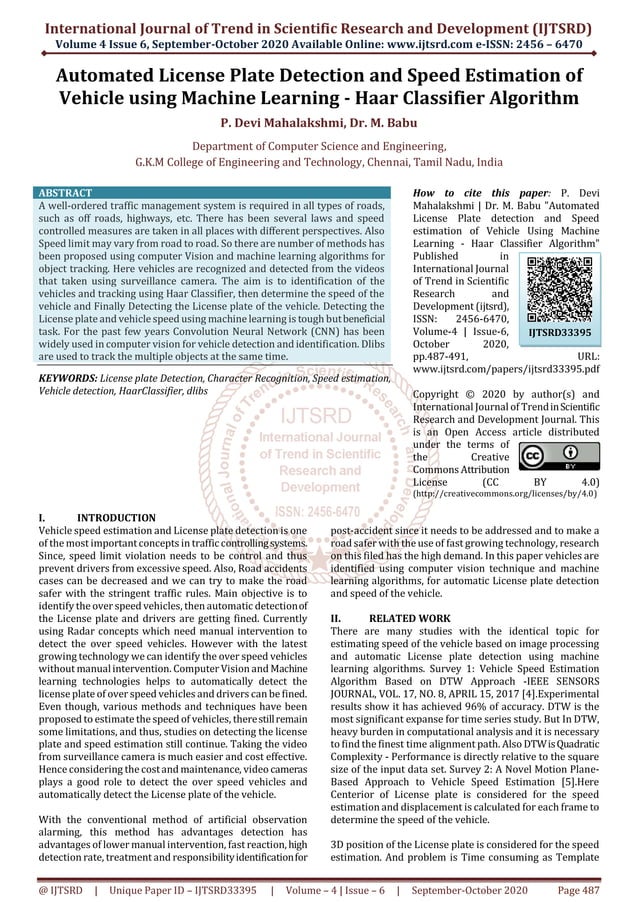 Automated License Plate detection and Speed estimation of Vehicle Using ...