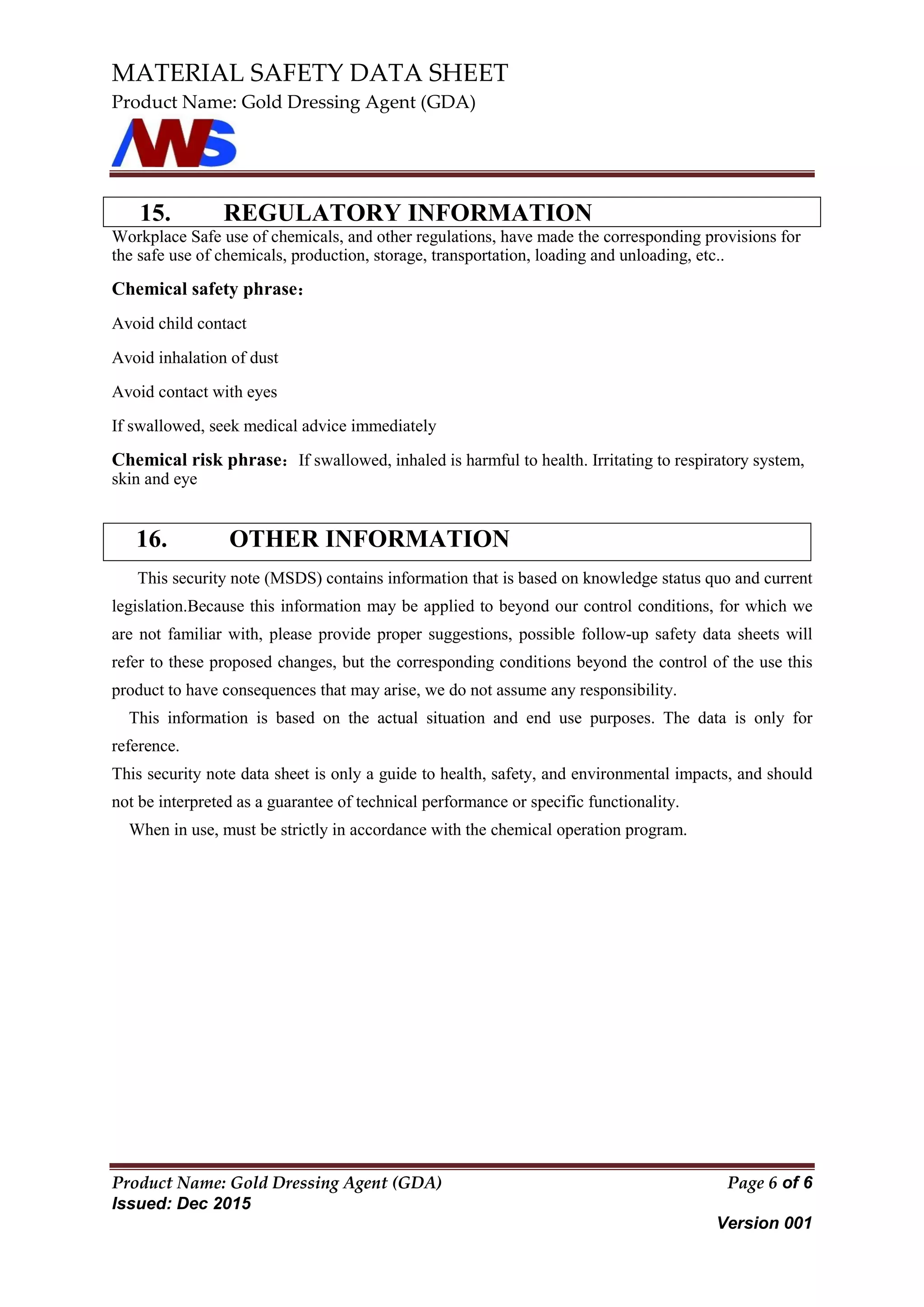 MATERIAL SAFETY DATA SHEET MSDS GDA | PDF