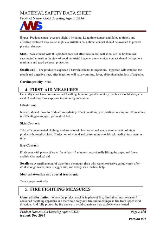 MATERIAL SAFETY DATA SHEET MSDS GDA | PDF | First Aid | Injuries