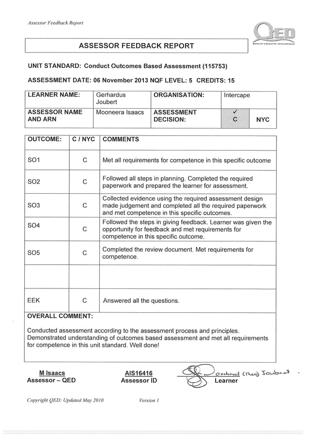 Assesor feedback form QED | PDF