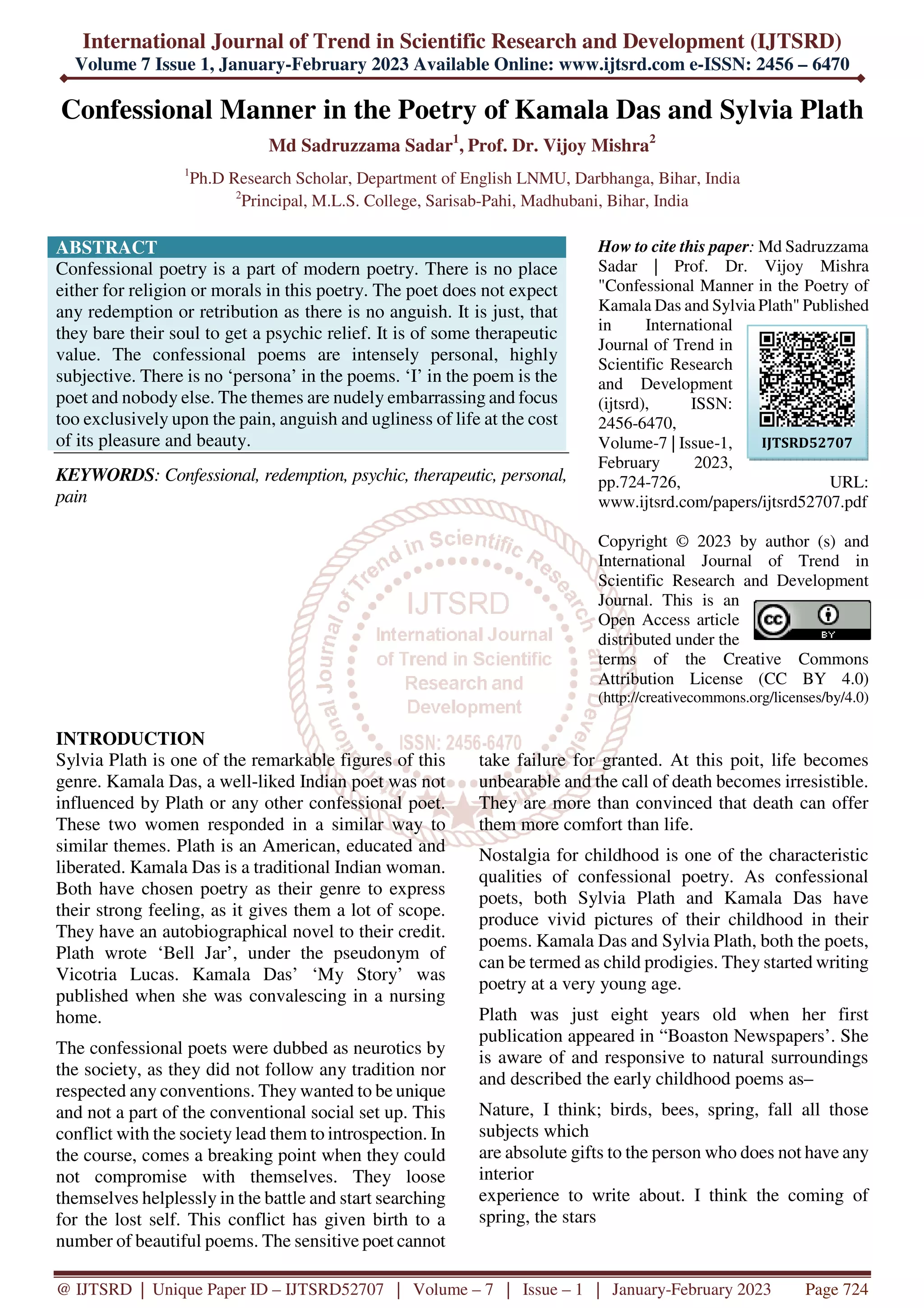 Confessional Manner in the Poetry of Kamala Das and Sylvia Plath | PDF