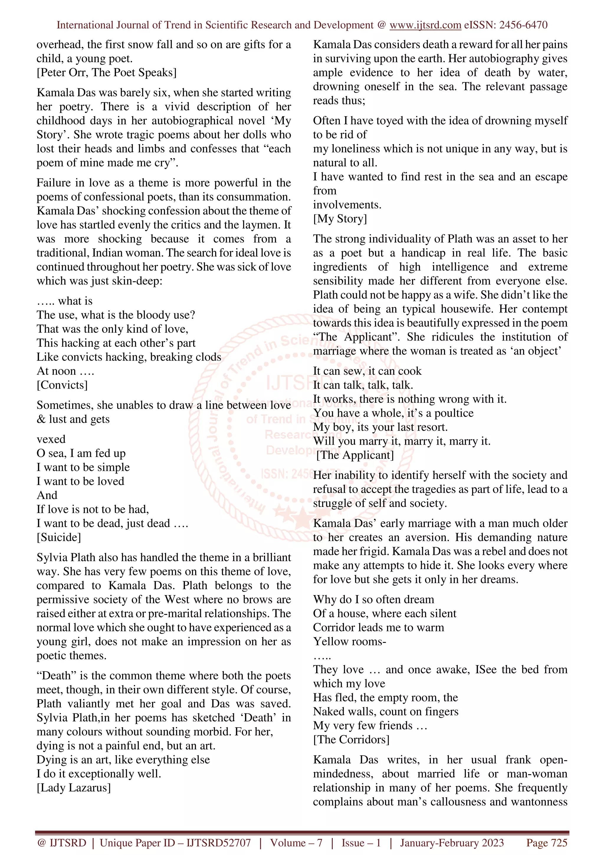 Confessional Manner in the Poetry of Kamala Das and Sylvia Plath | PDF