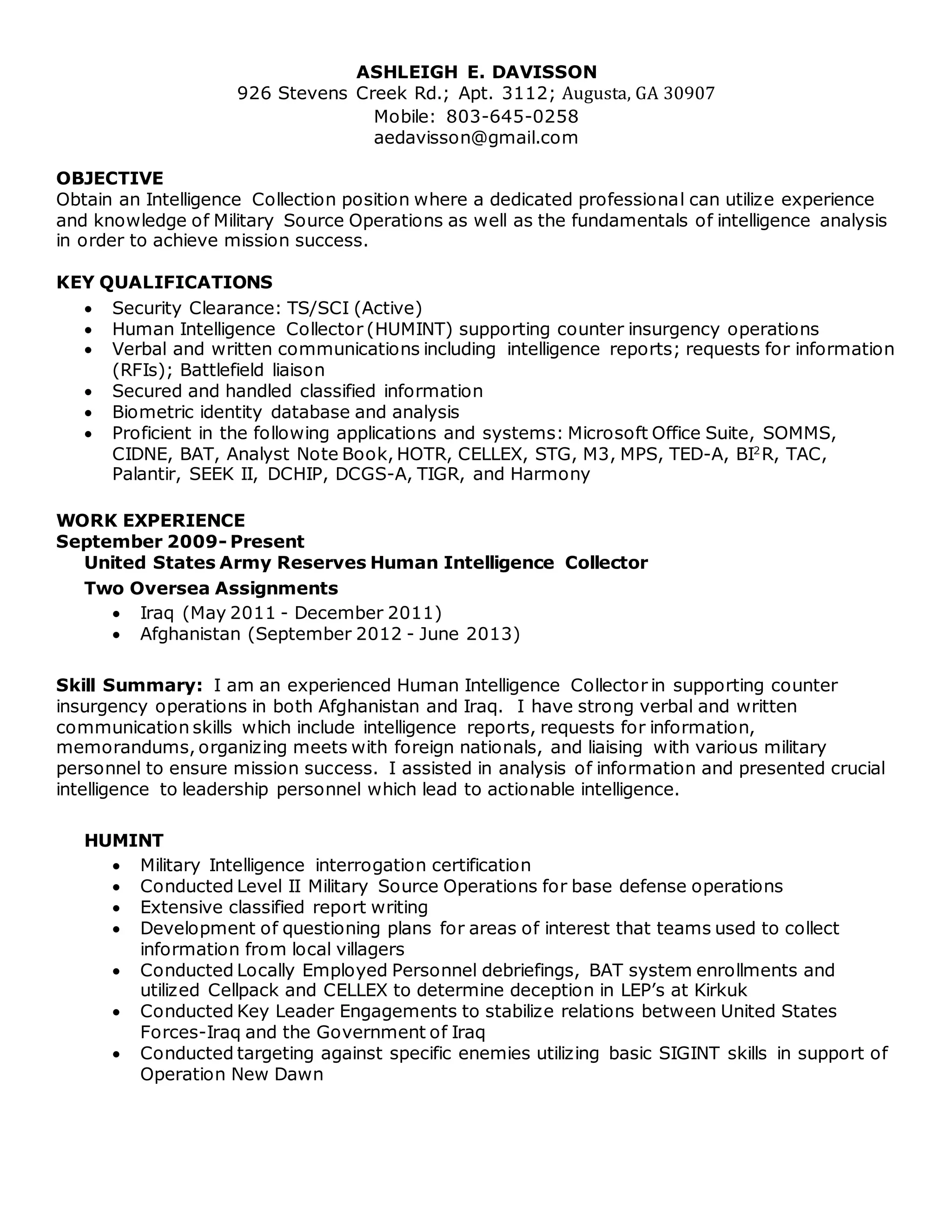 HUMINT Analysis Resume | DOCX
