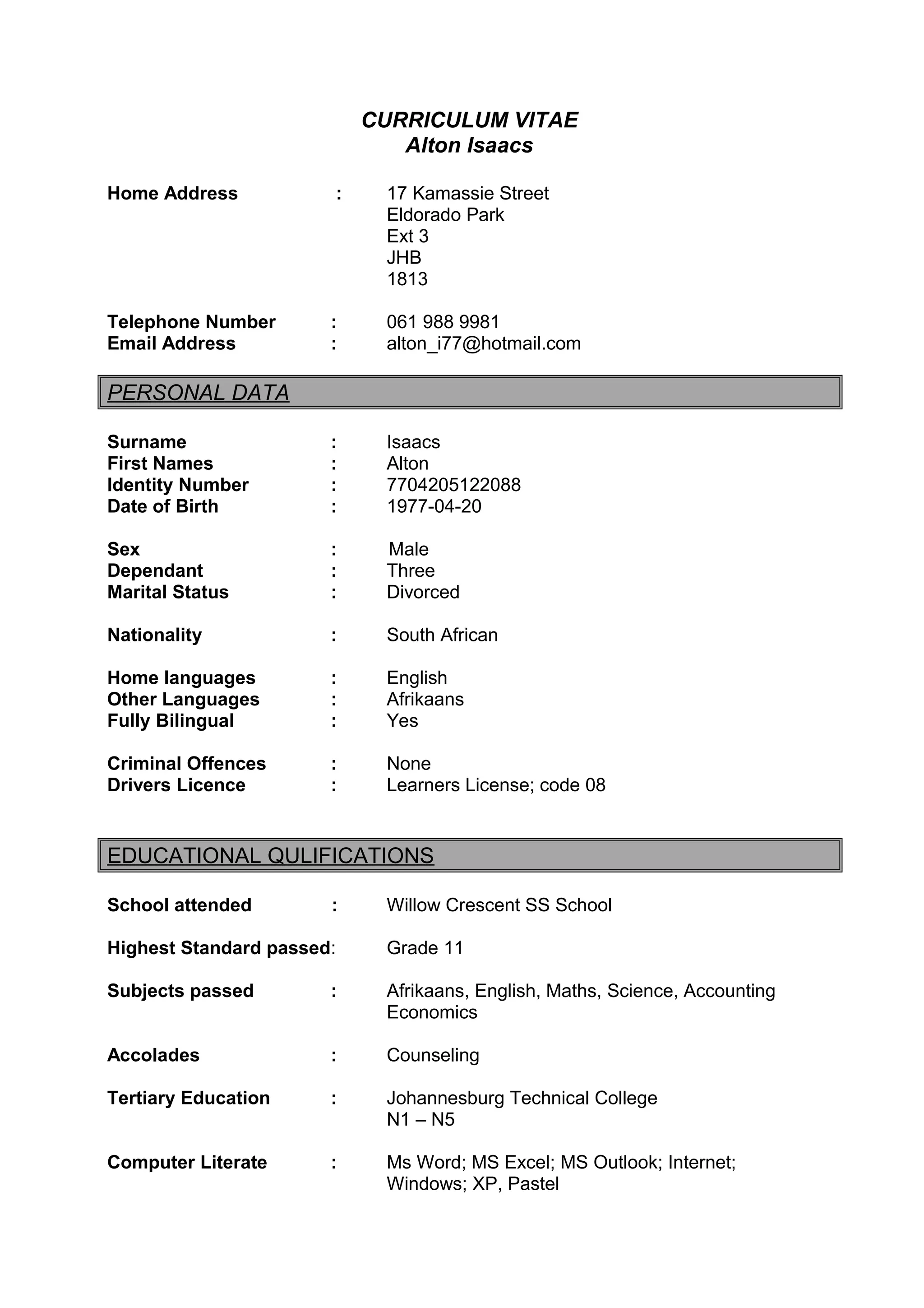Curriculum vitea of Alton Isaacs | DOC