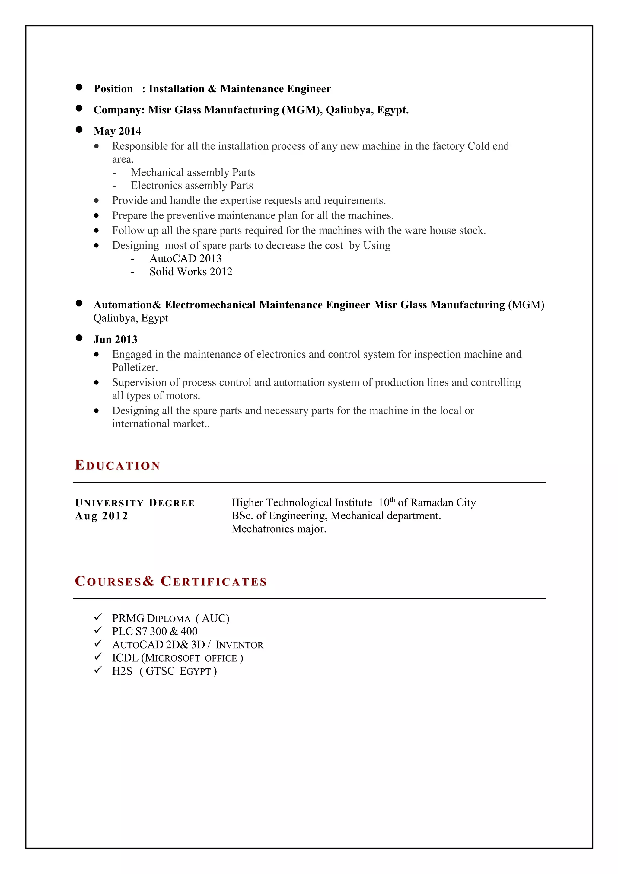 A.Yasser ( Mechatronics Engineer ) CV | PDF