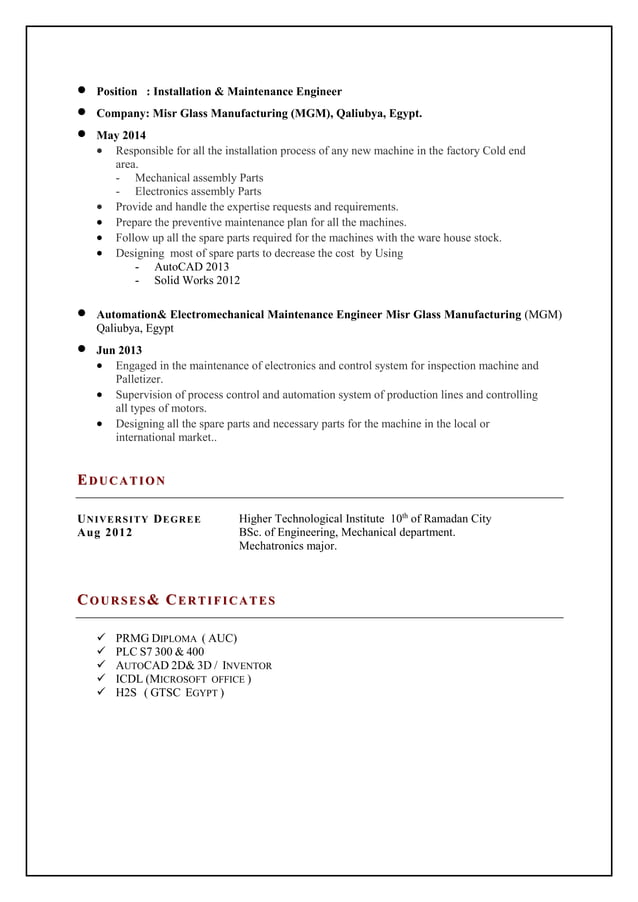 A.Yasser ( Mechatronics Engineer ) CV | PDF