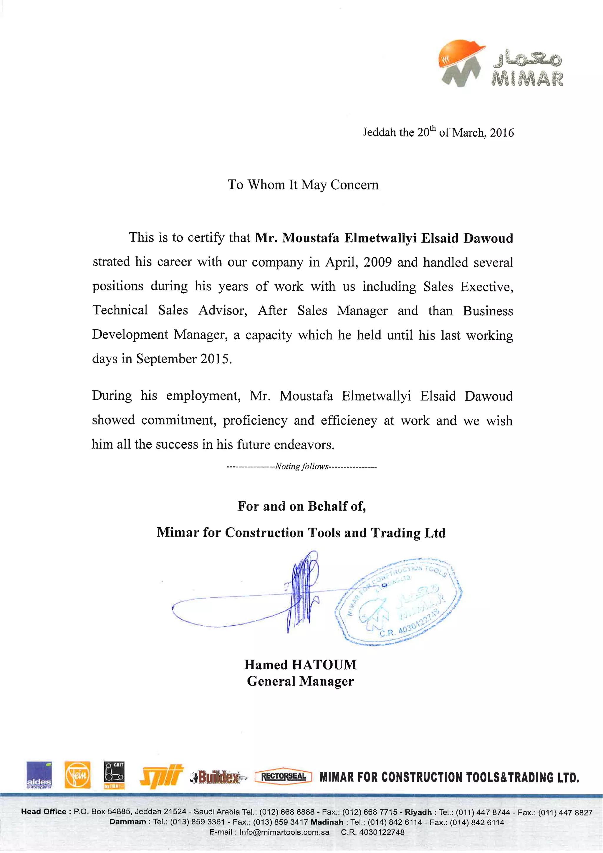 Moustafa experience letter 2016 | PDF