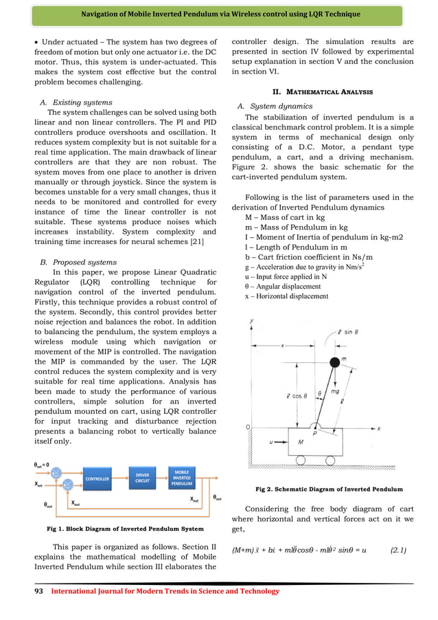 Navigation of Mobile Inverted Pendulum via Wireless control using LQR Technique | PDF