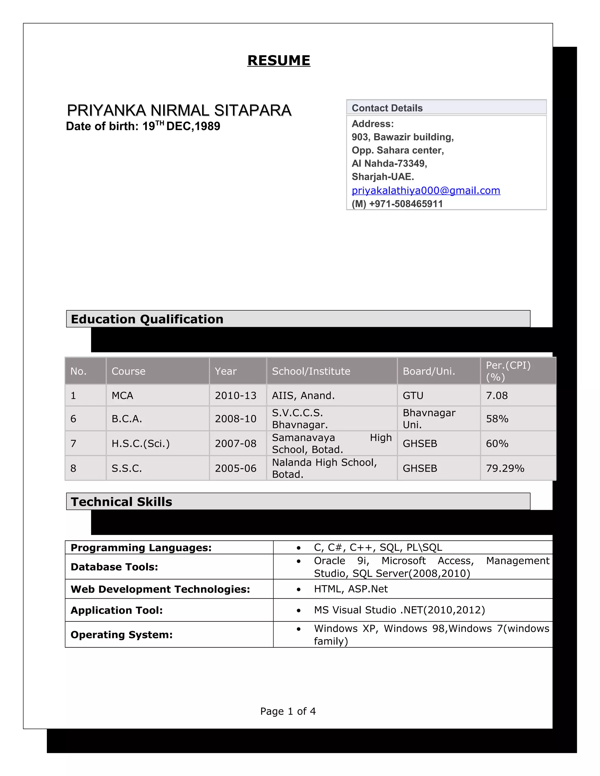 Resume_Priyanka | DOC | Computer Software and Applications | Computing