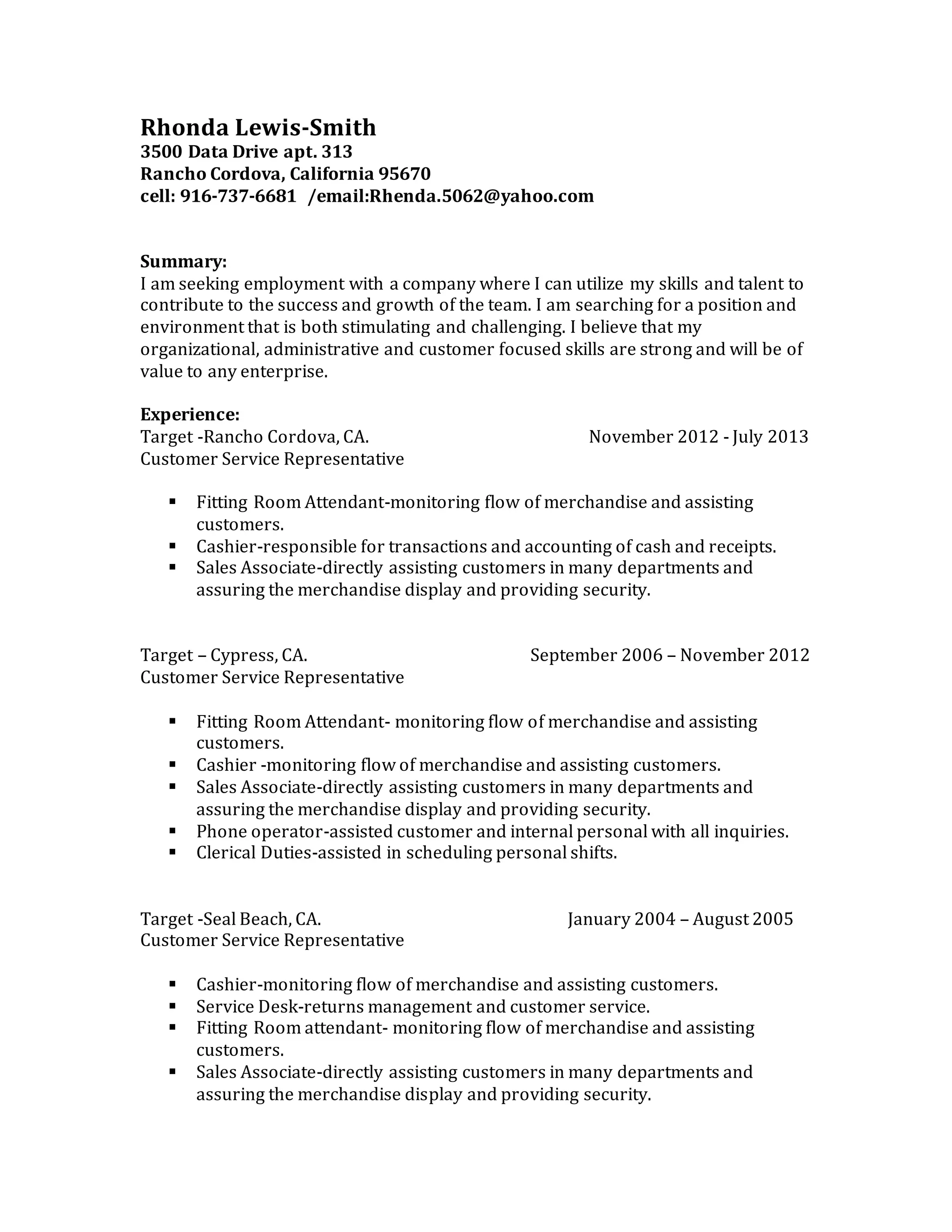 Rhonda Lewis resume | DOCX | Business | Business and Finance