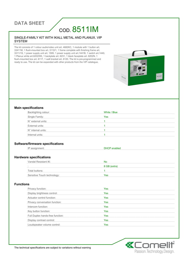 Comelit 8511IM Data Sheet | PDF