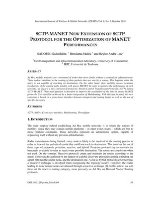 SCTP-MANET NEW EXTENSION OF SCTP PROTOCOL FOR THE OPTIMIZATION OF MANET PERFORMANCES | PDF