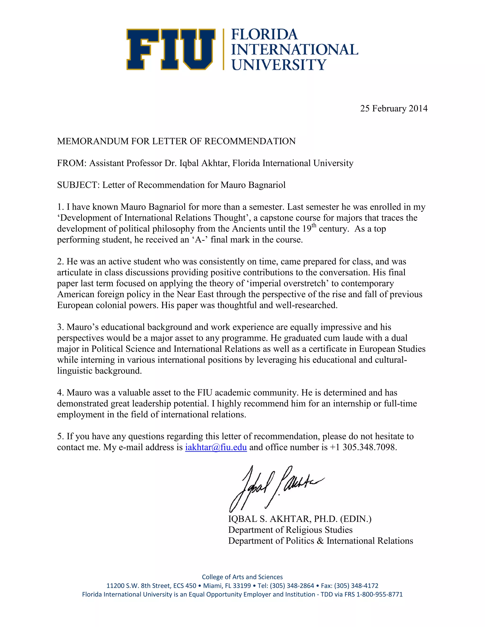 Mauro Bagnariol Recommendation 2014- FIU-1 | PDF