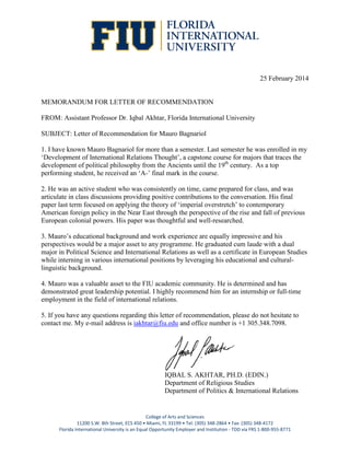 Mauro Bagnariol Recommendation 2014- FIU-1 | PDF