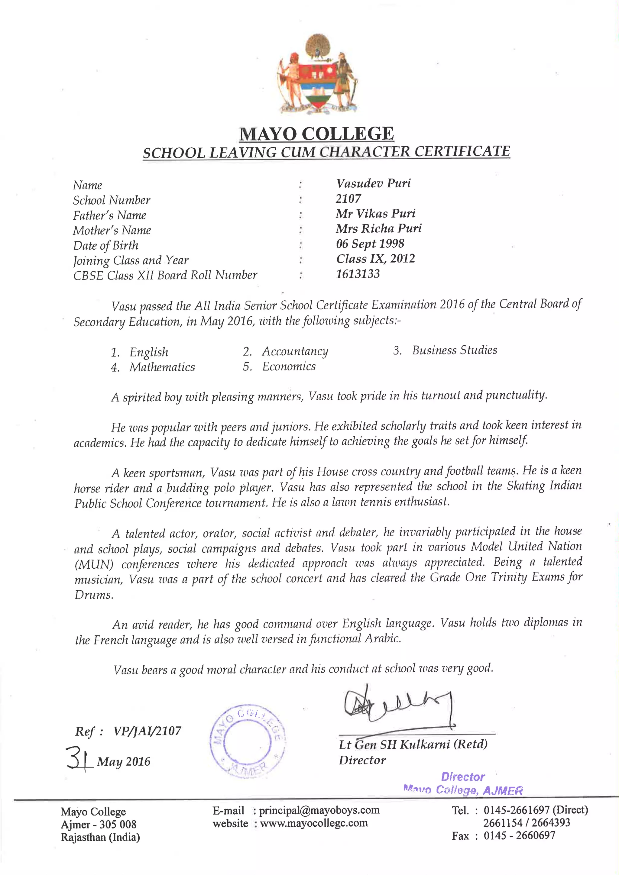 Vasu Dev - School Leaving cum Character Certificate | PDF