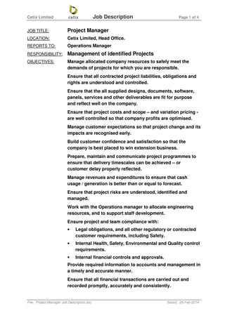 Project Manager Job Description | PDF