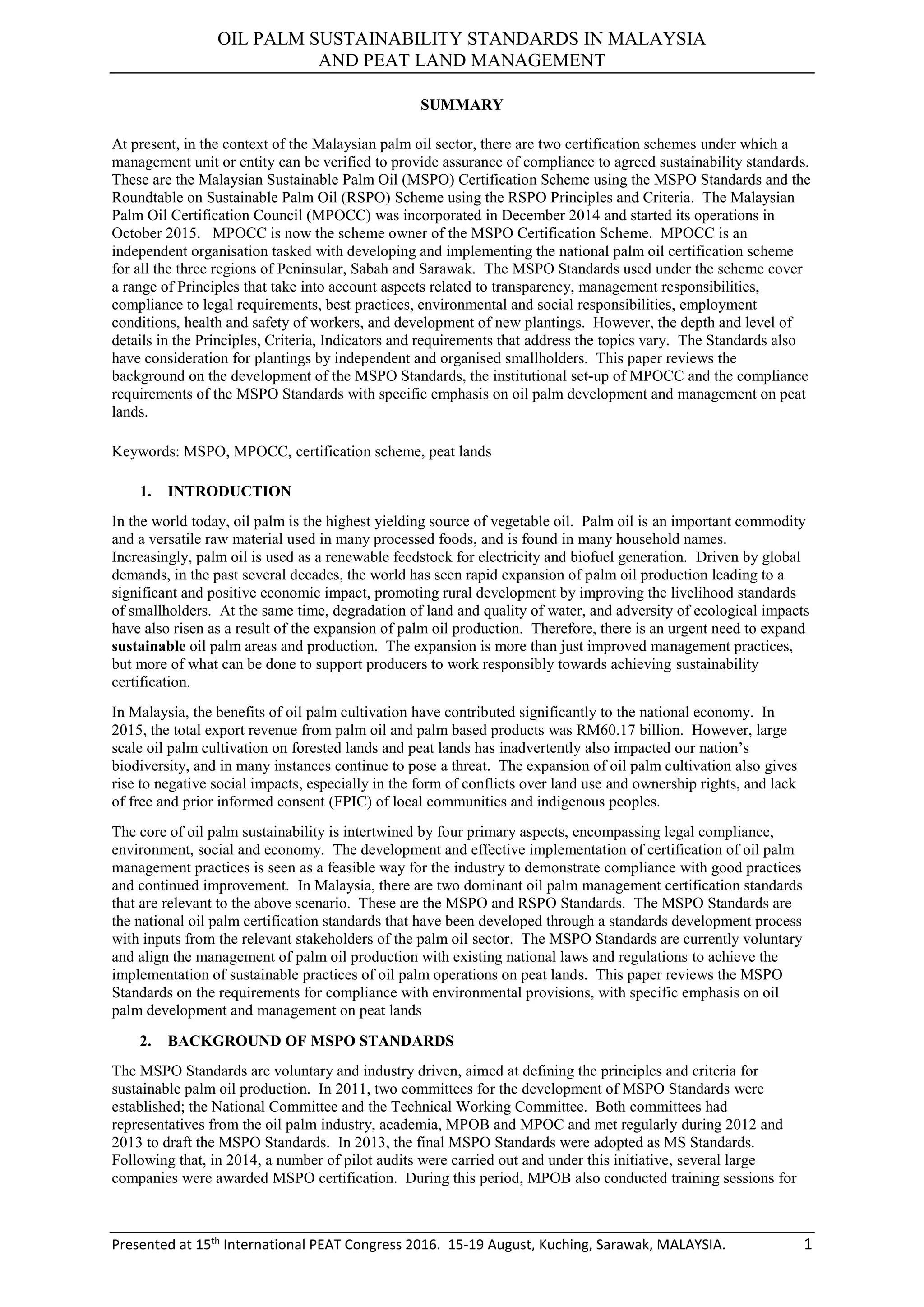 Oil palm sustainability standards in Malaysia MPOCC paper | PDF