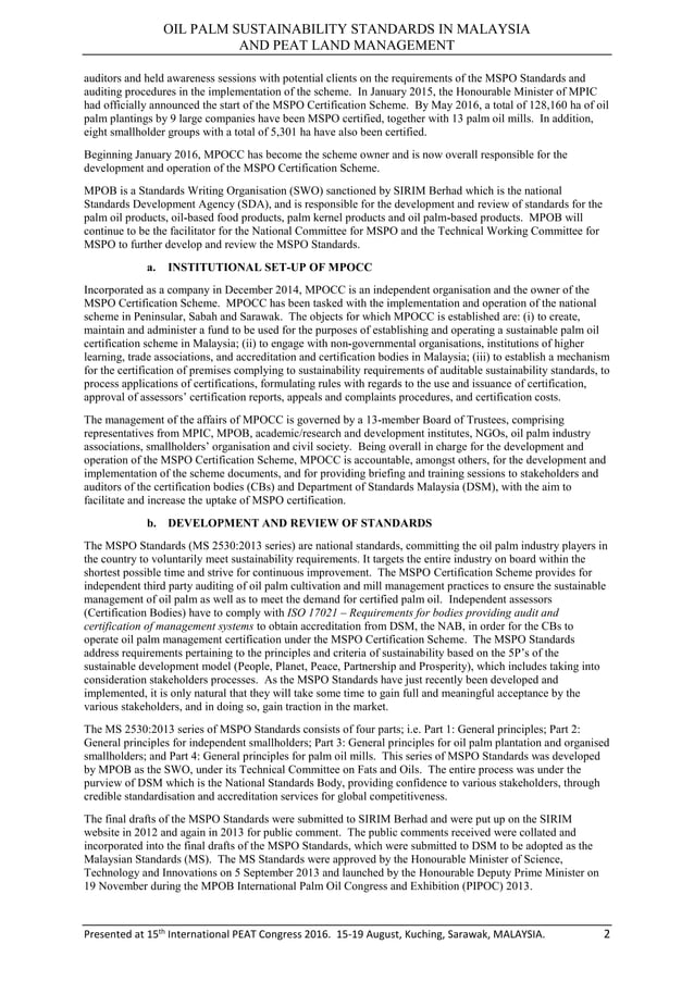 Oil palm sustainability standards in Malaysia MPOCC paper | PDF