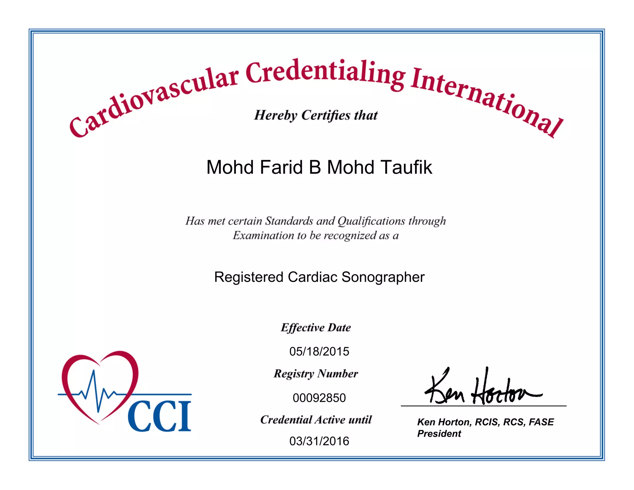 CCI Registered Cardiac Sonographer Certificate | PDF