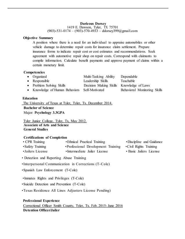 Darieous Dorsey Auto Field Adjuster Resume | PDF