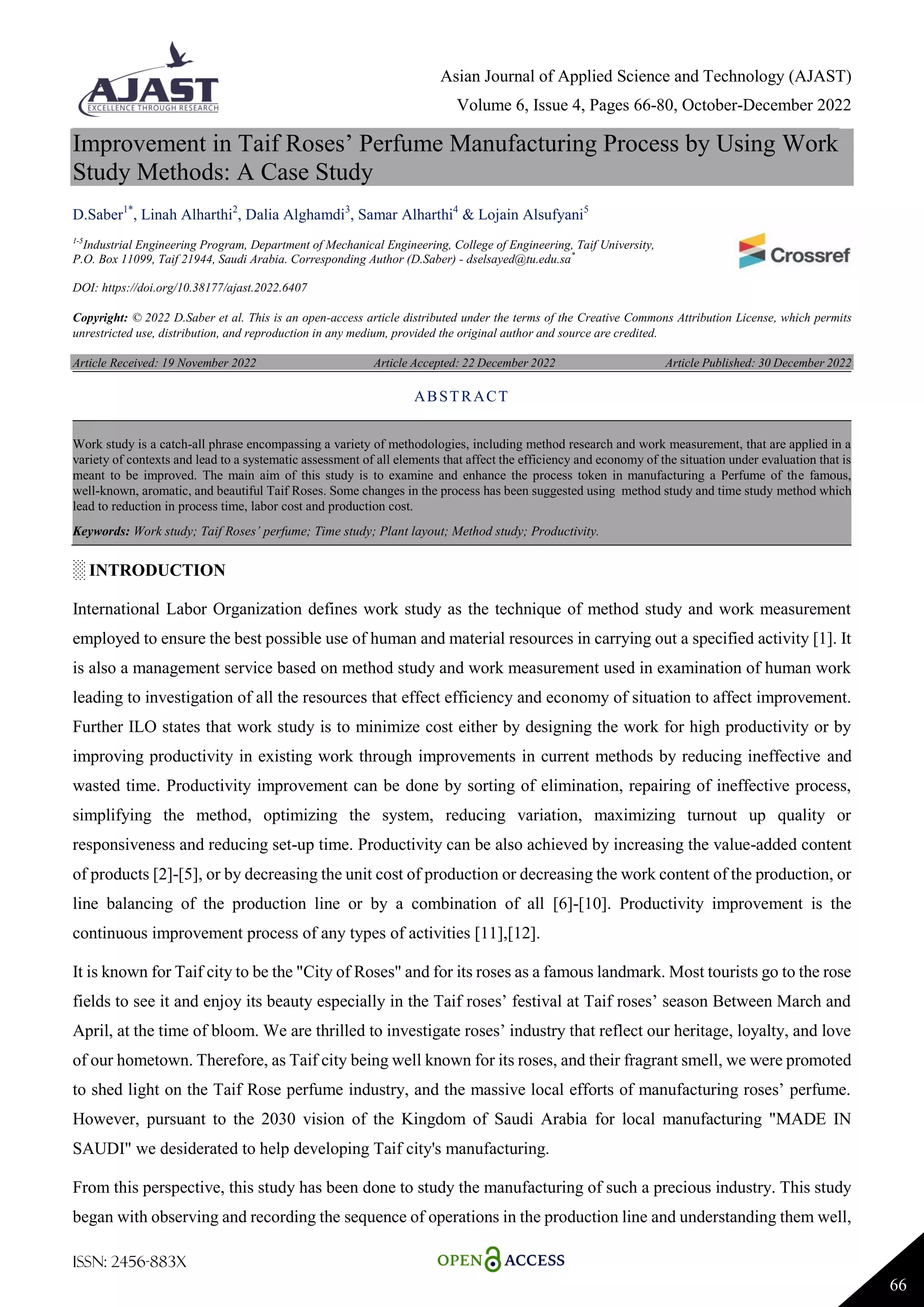 Improvement in Taif Roses’ Perfume Manufacturing Process by Using Work ...
