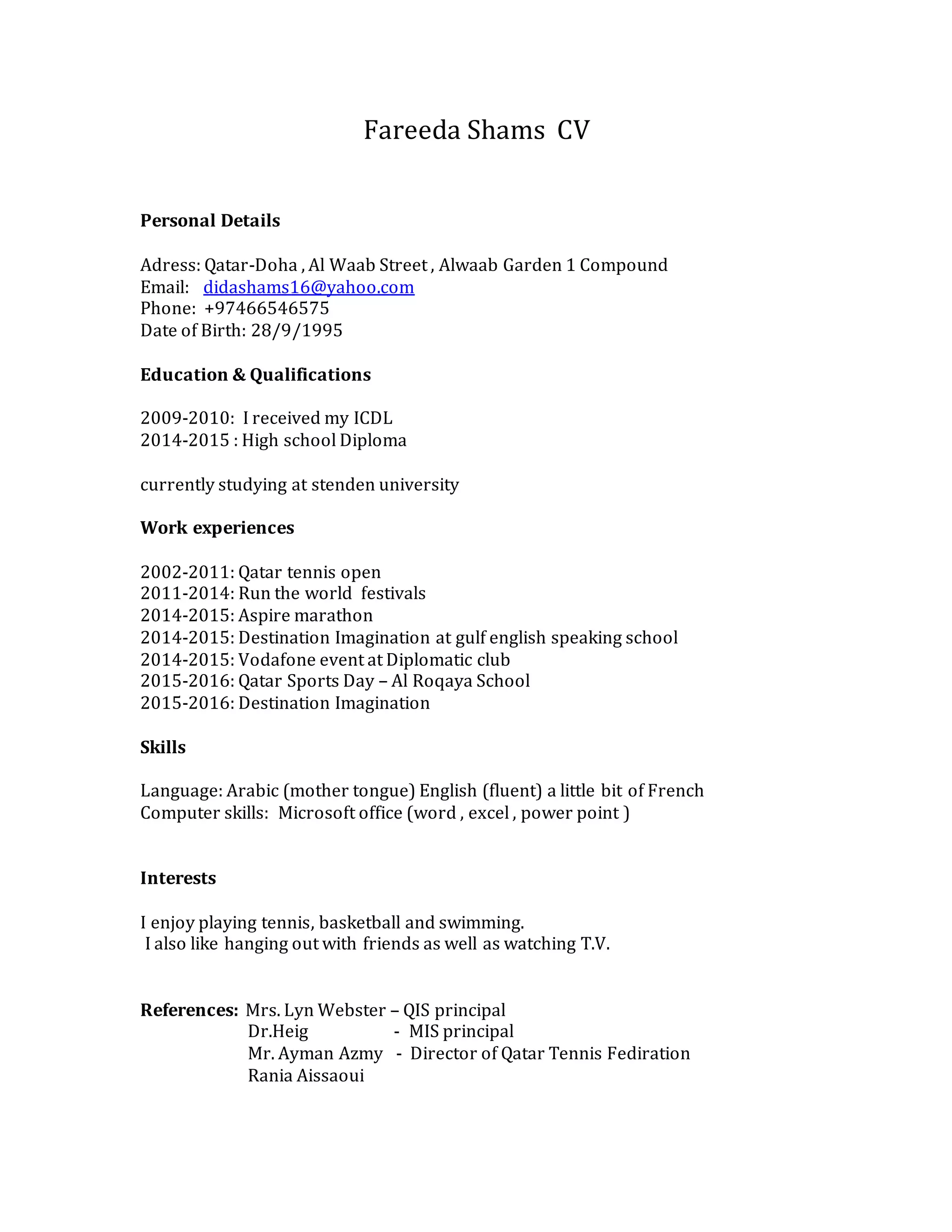 Fareeda Shams CV | DOCX