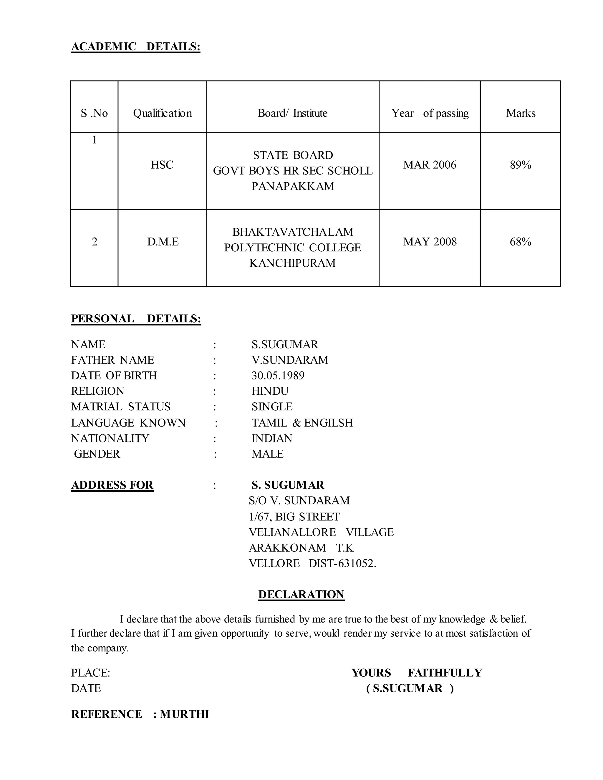 sugumar resume | DOCX