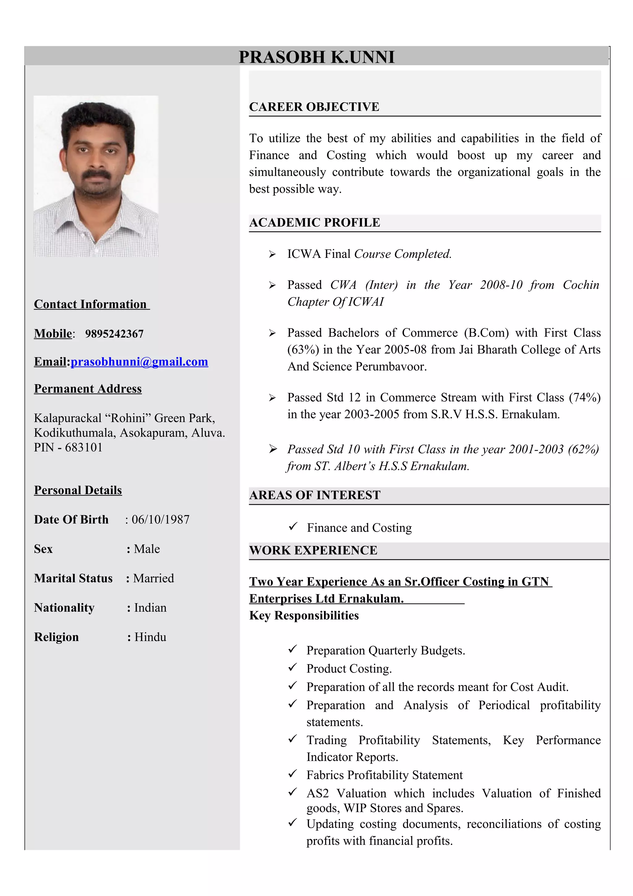 Prasobh K. Unni CV | DOC