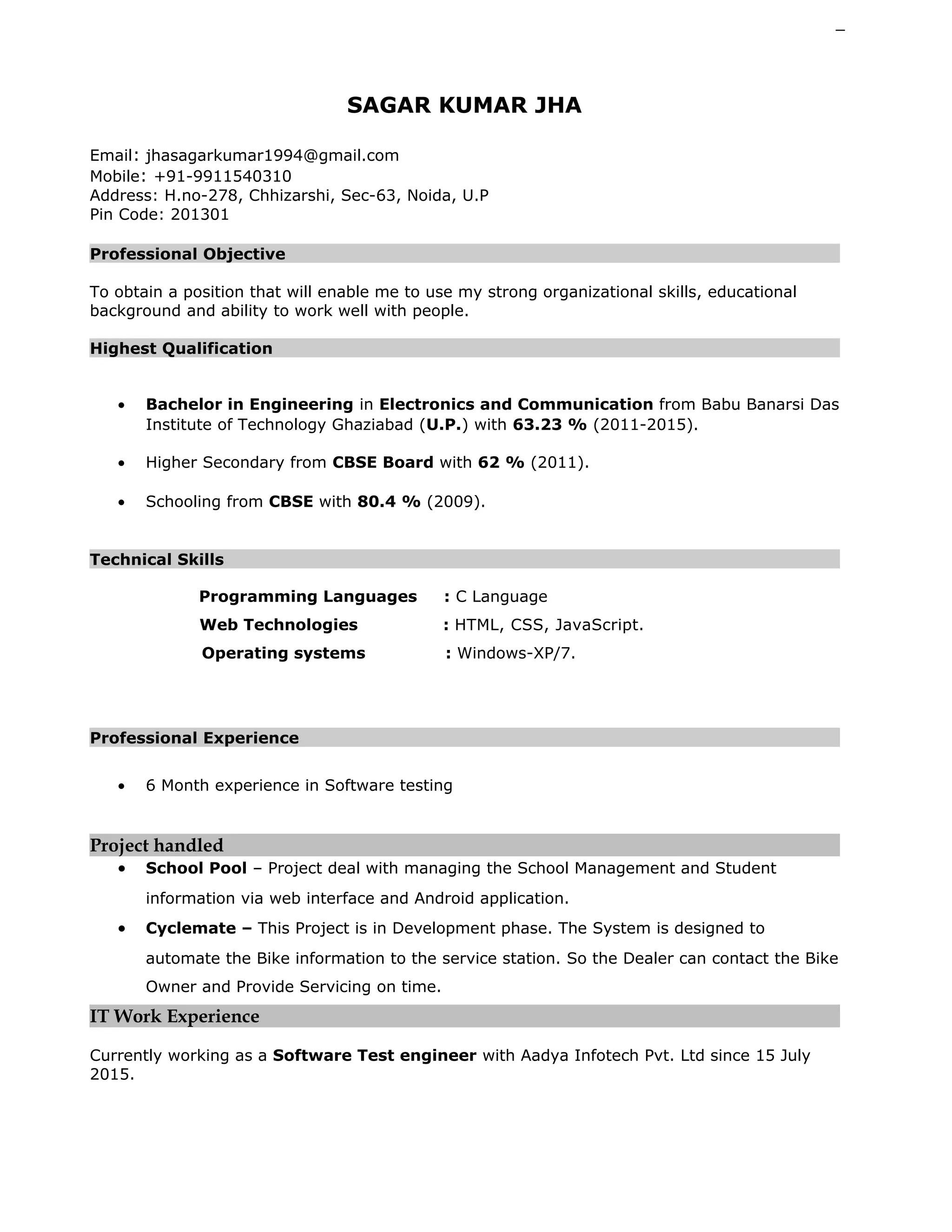 Sagar Resume | DOC