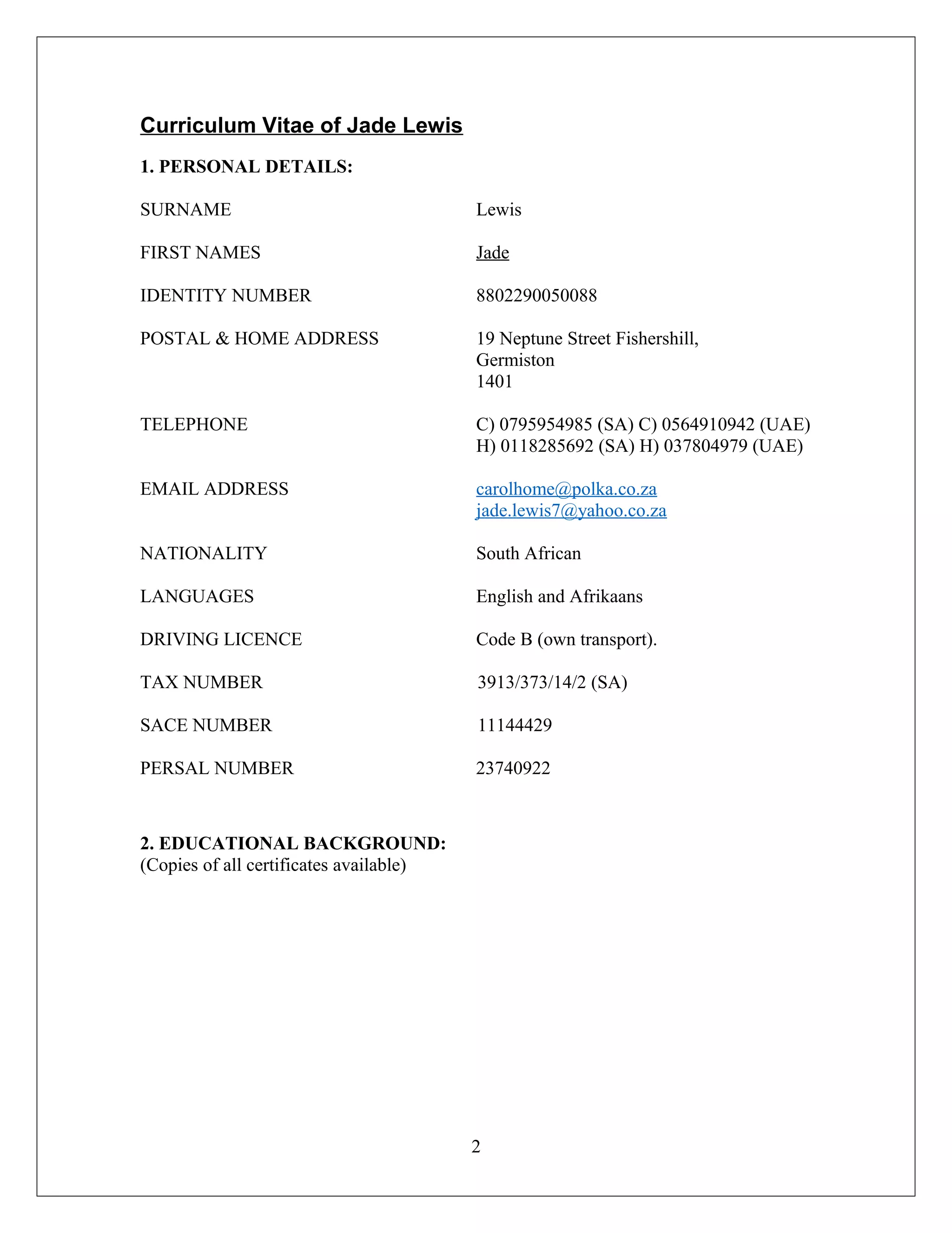 Jade Lewis CV updated May 2016 | DOC | Professional School ...