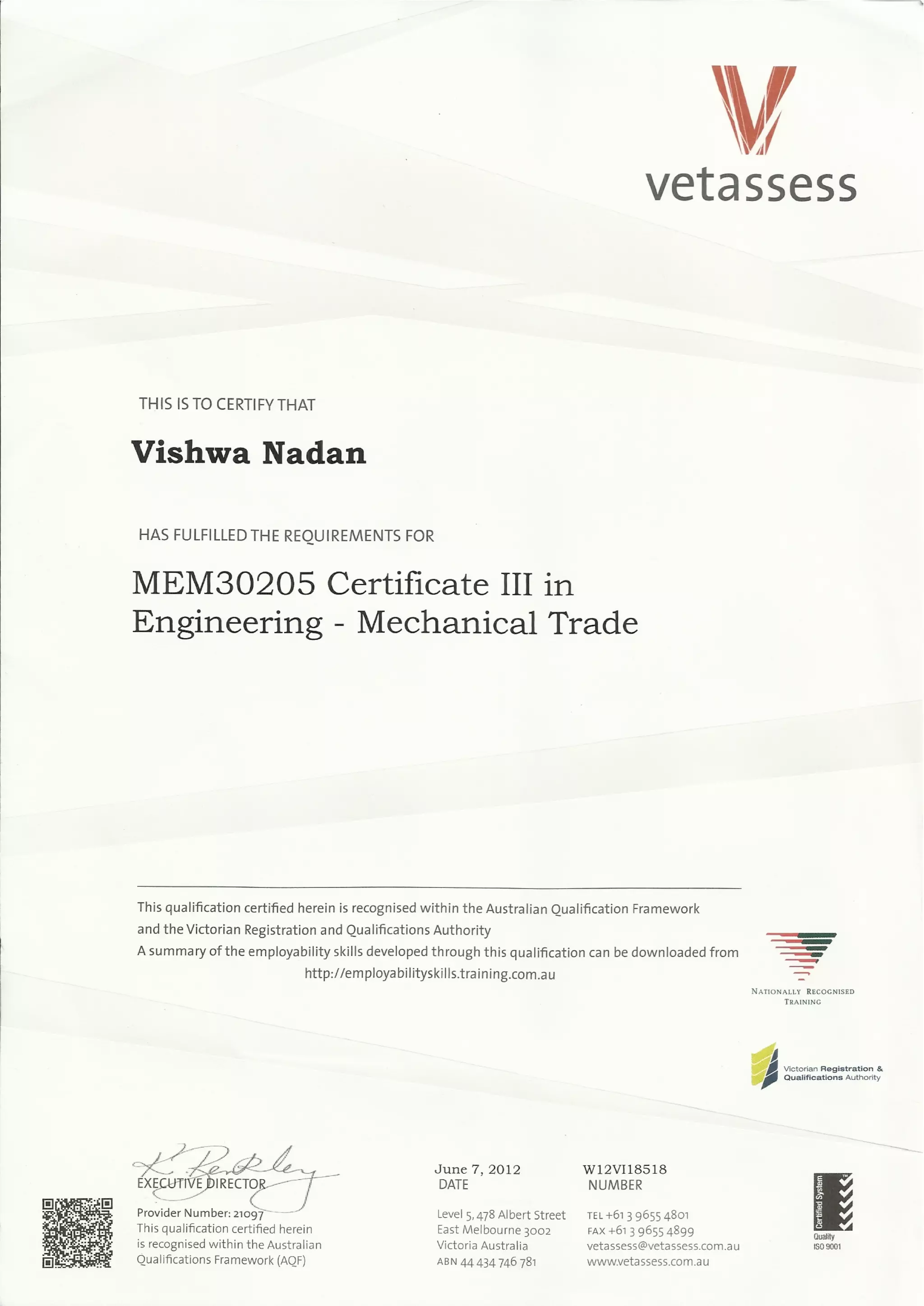 VETASSESS CERTIFICATE | PDF