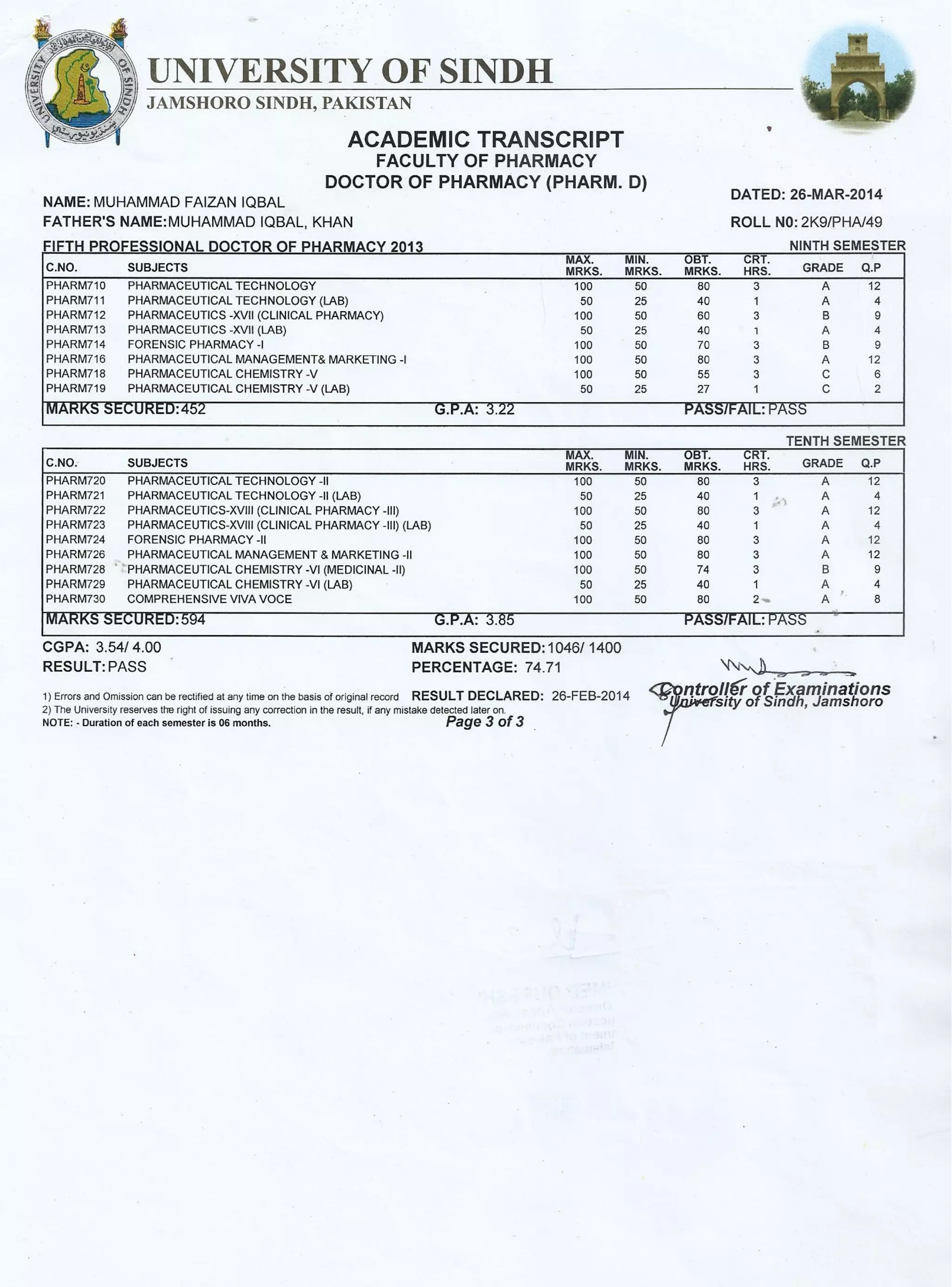 Bachelor transcript | PDF
