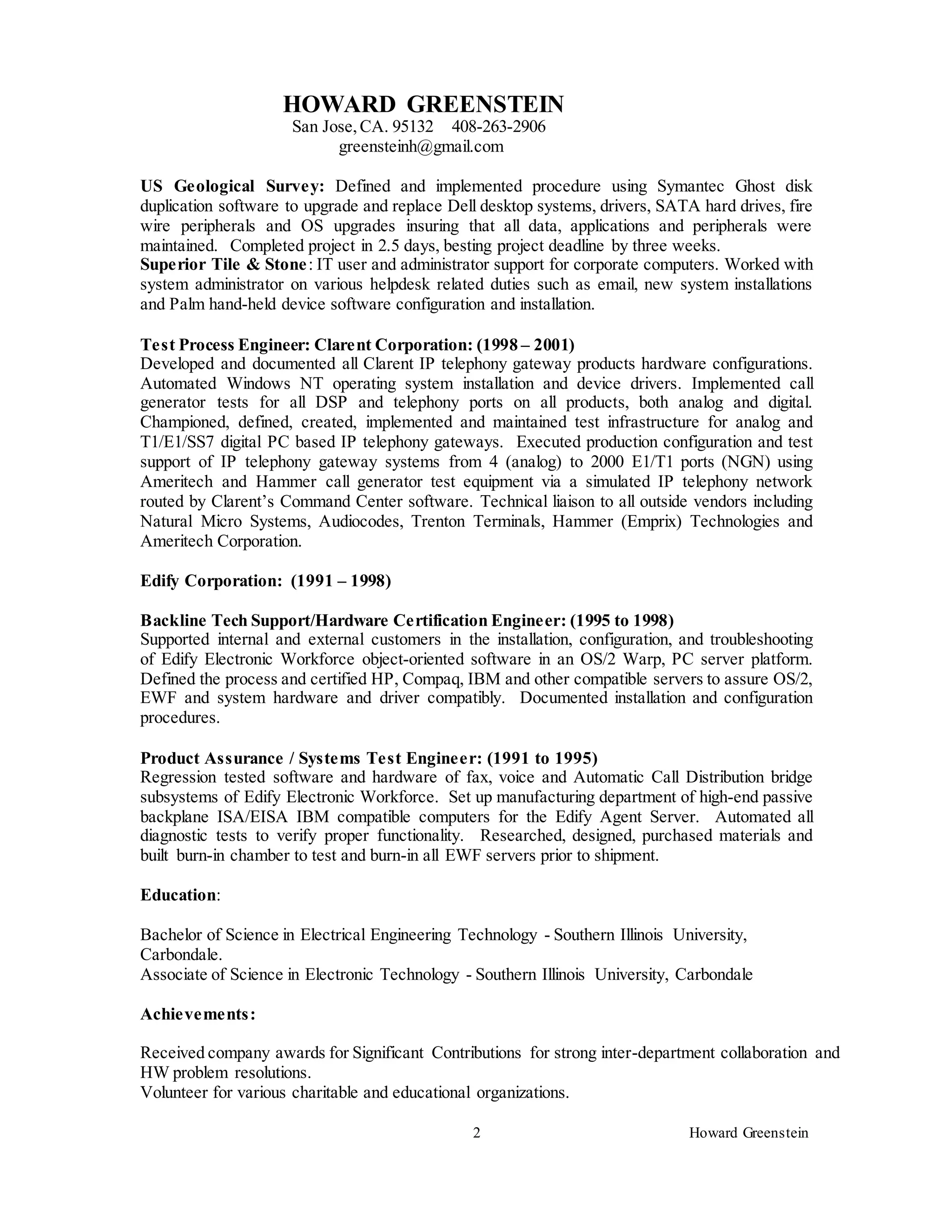 Resume Howard Greenstein | DOCX | IT and Internet Support | Internet