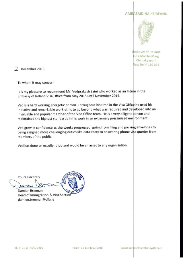 Reference letter of ved from Embassy of Ireland | PDF