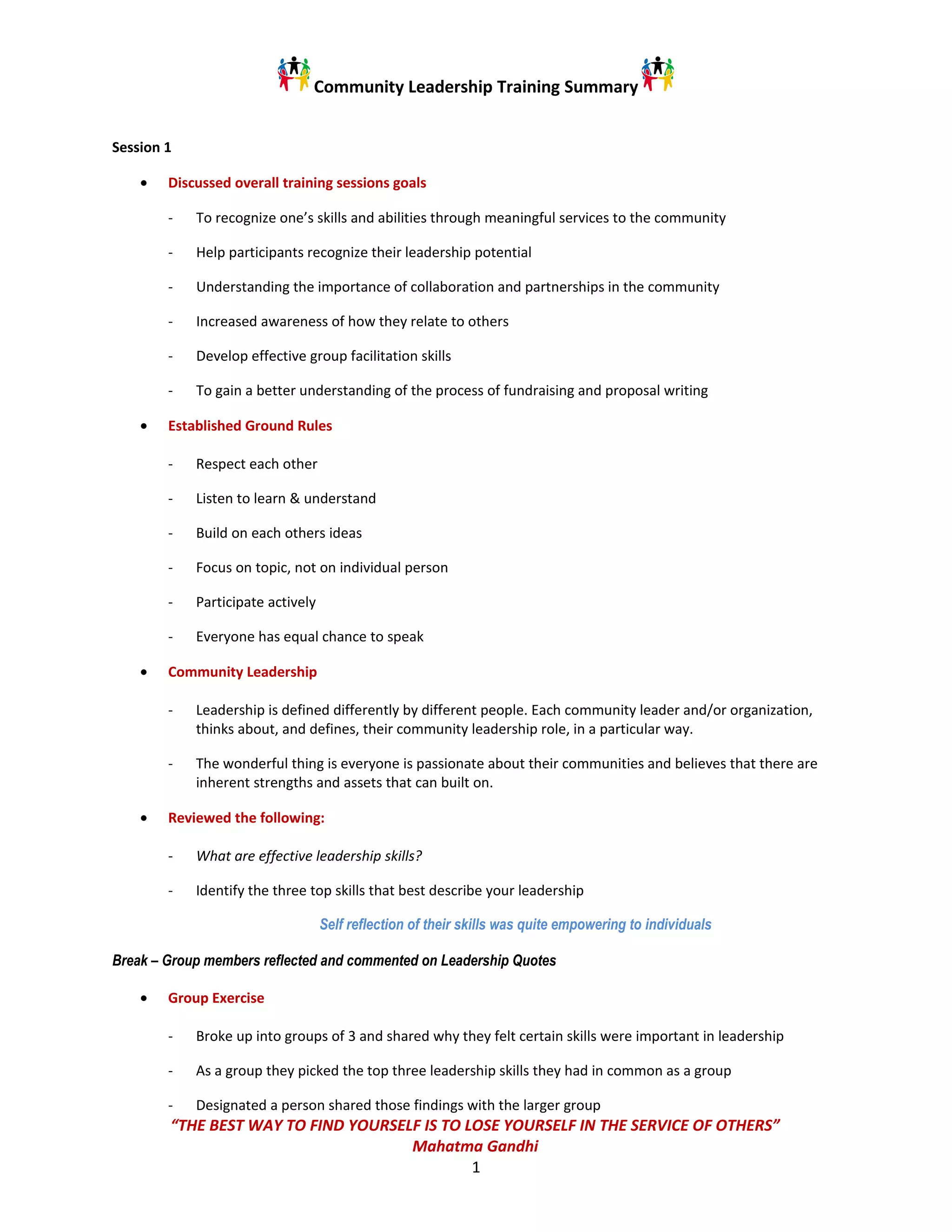 Community Leadership Training Summary | DOC