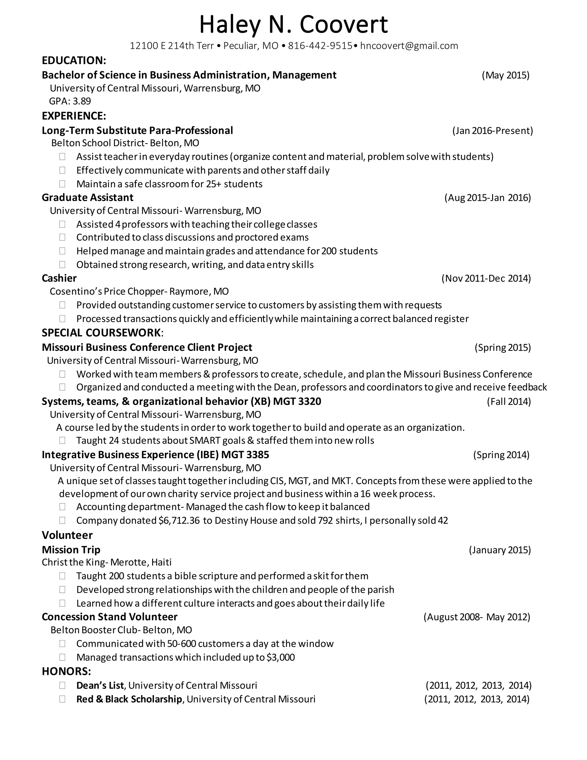 Haley Coovert Resume 2017 | PDF