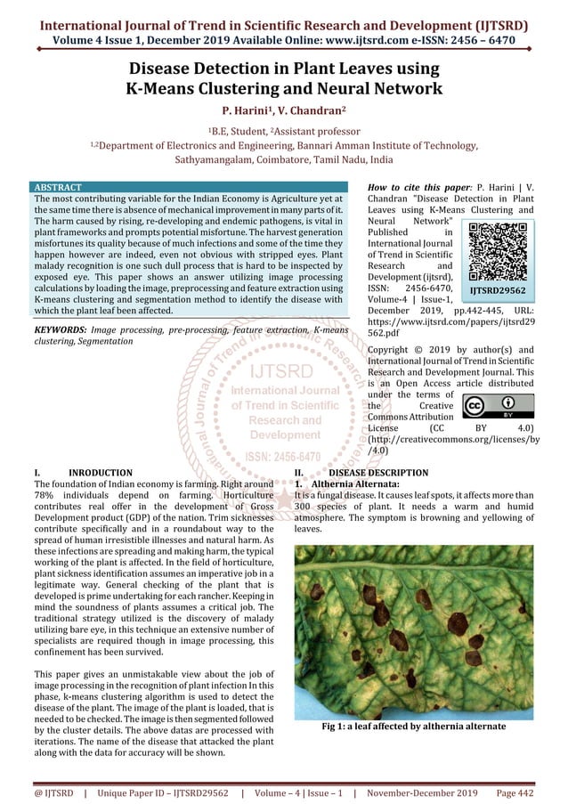 Disease Detection in Plant Leaves using K-Means Clustering and Neural Network | PDF