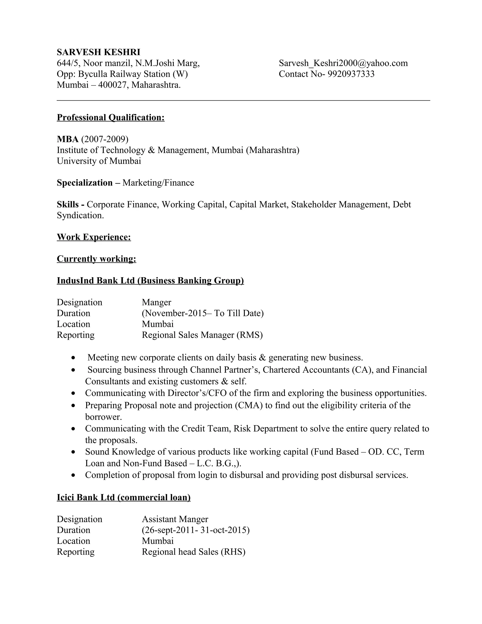 Sarvesh Resume | DOC | Business Accounting & Finance | Business