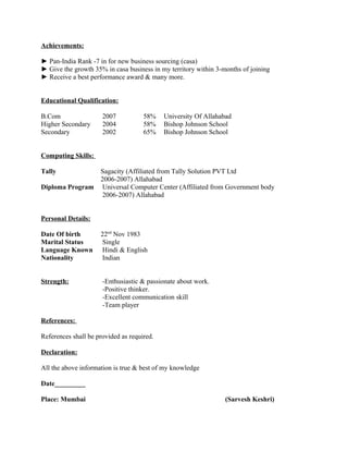 Sarvesh Resume | DOC | Business Accounting & Finance | Business