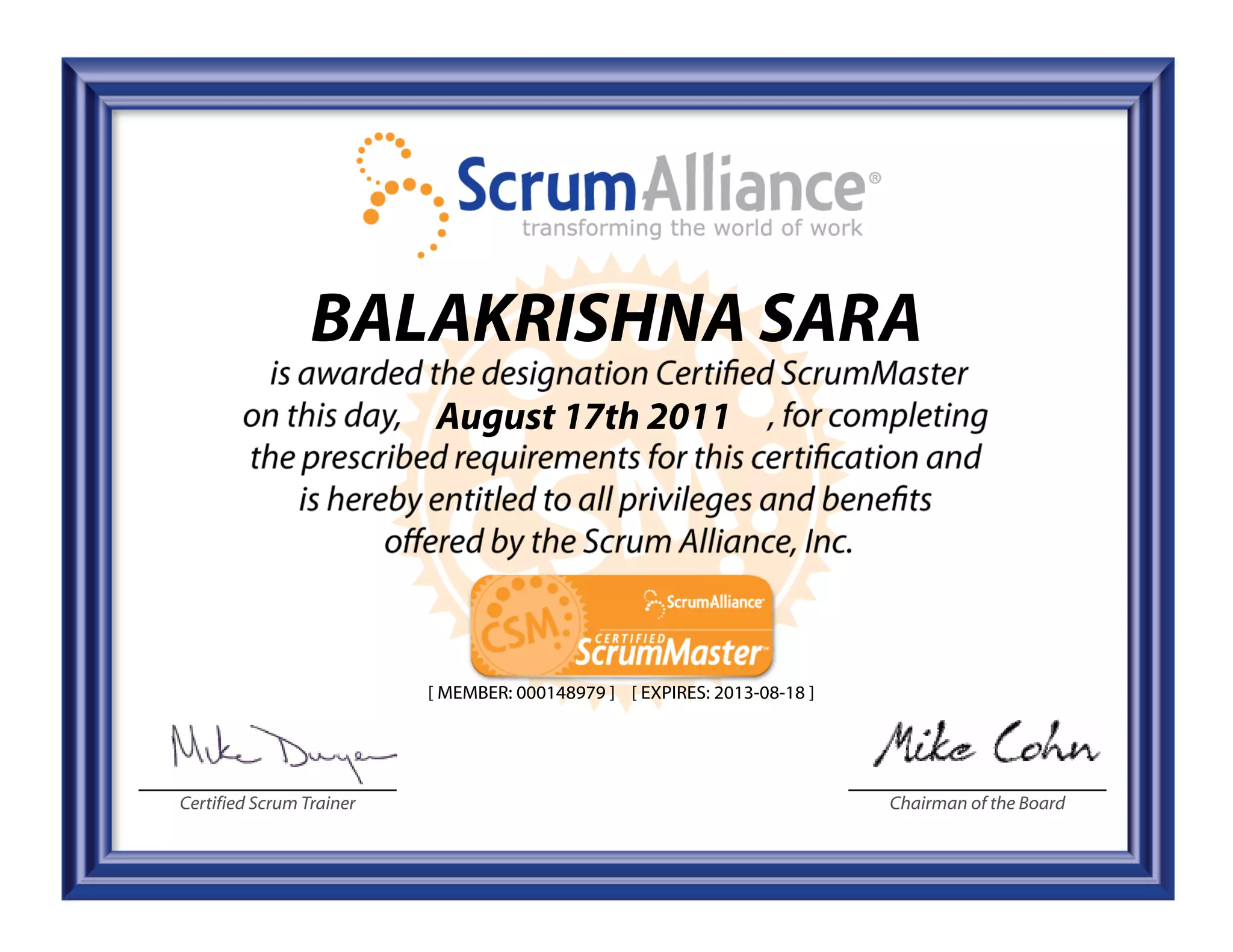 Certified Scrum Master_ScrumAlliance_Certificate | PPT