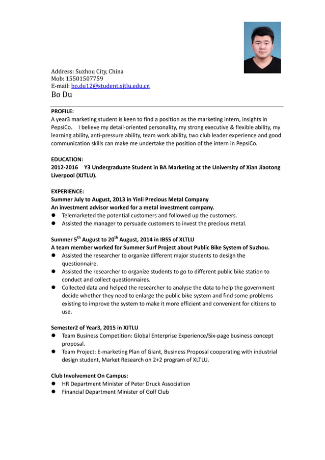 CV of Marketing Intern, Insights in PepsiCo | PDF