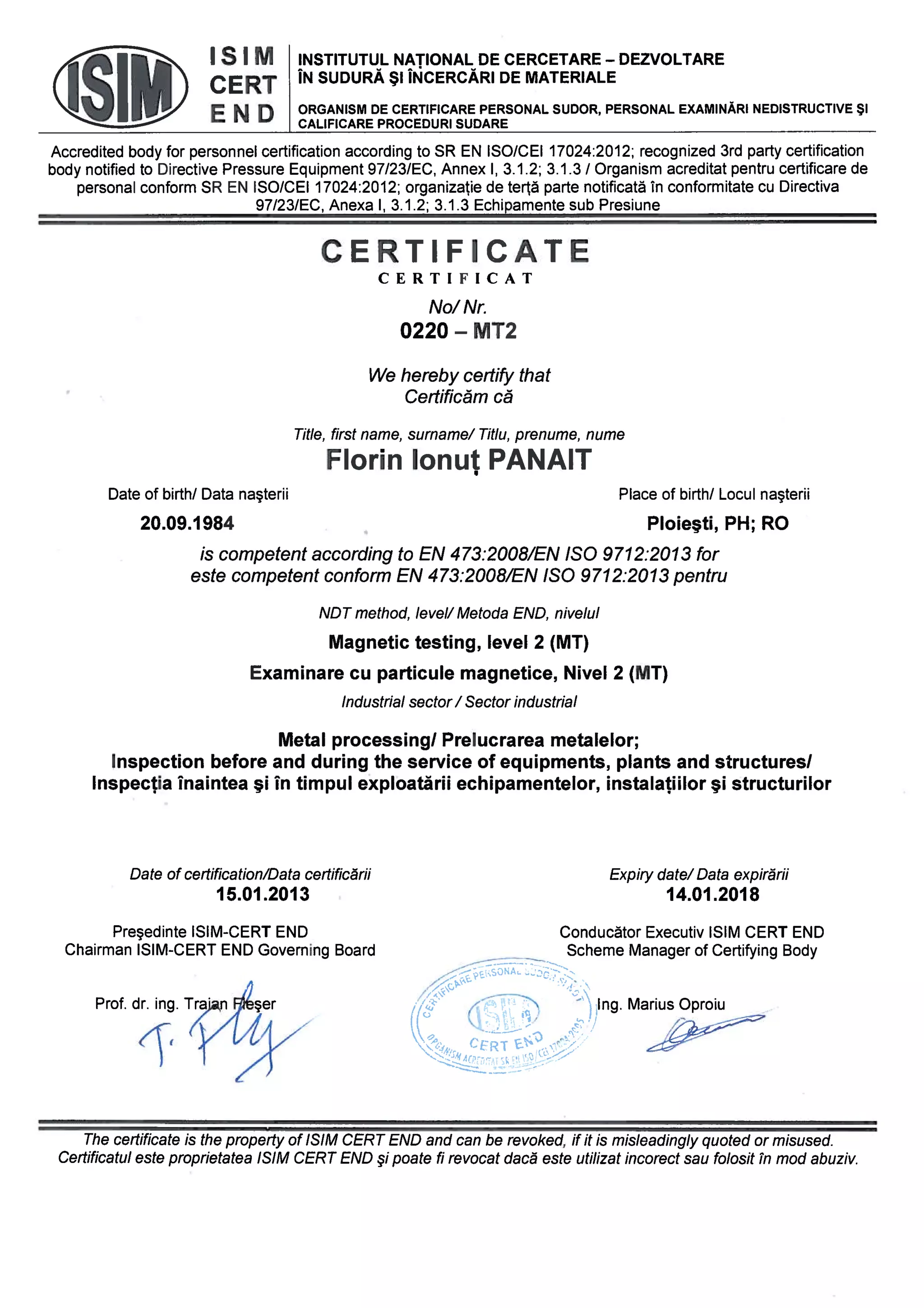 Florin PANAIT - MT Level 2 - EN 473 | PDF