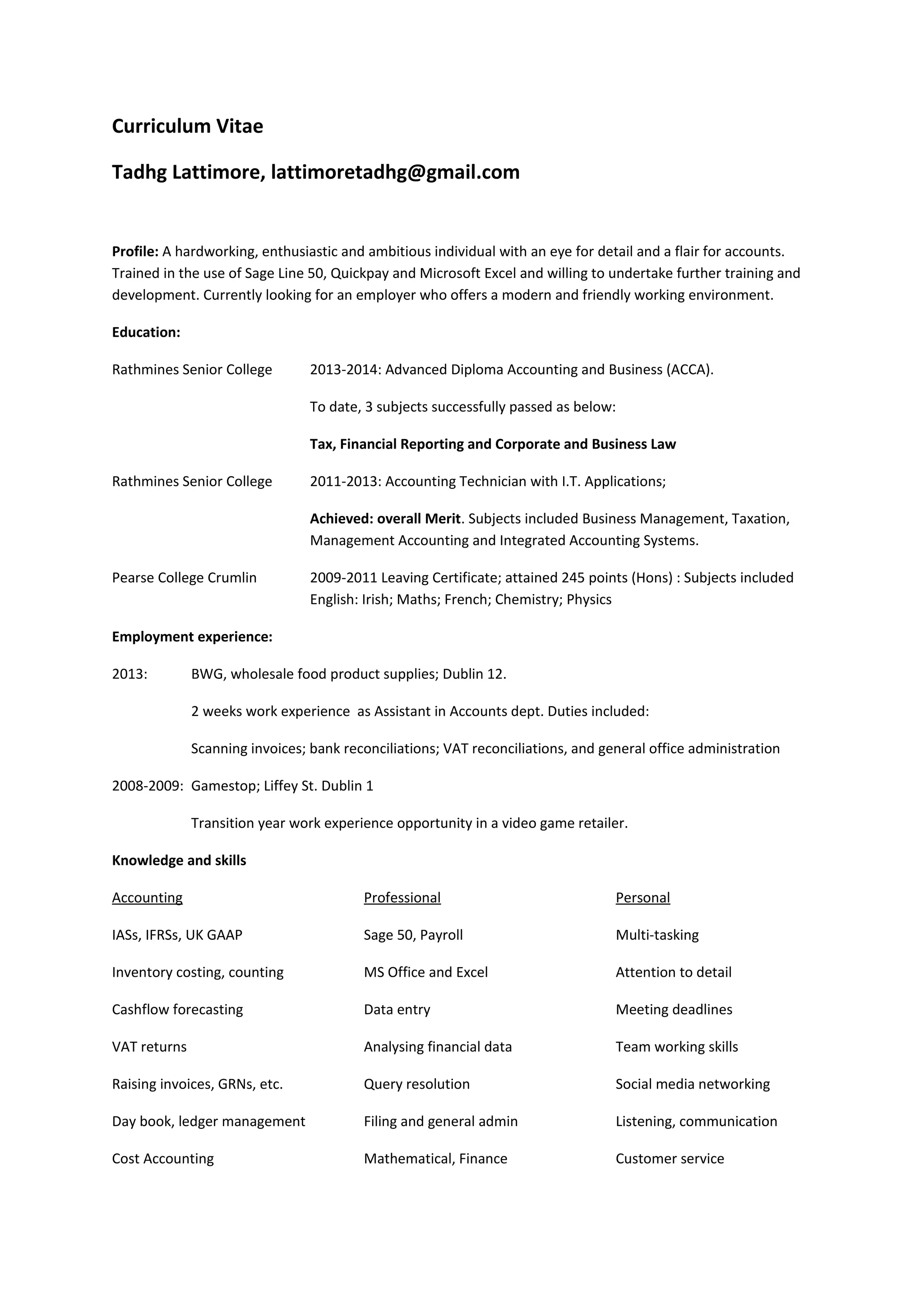 Tadhg Lattimore Curriculum Vitae | DOC