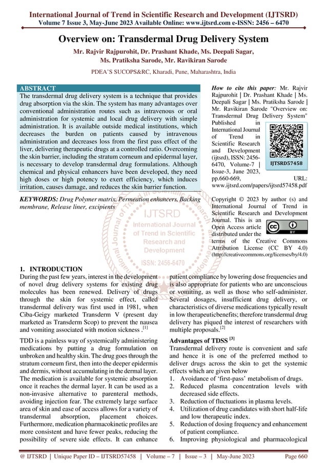 Overview on Transdermal Drug Delivery System | PDF | Skin Care | Beauty