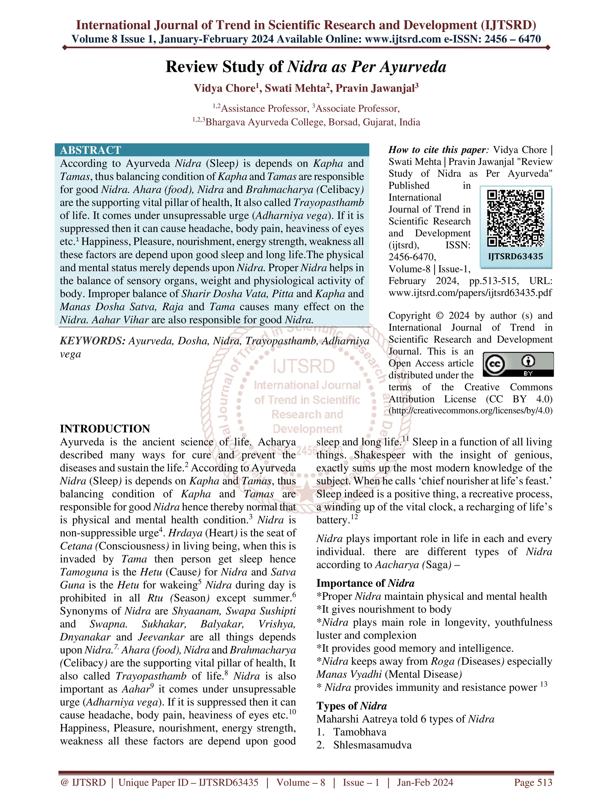 Review Study of Nidra as Per Ayurveda by Vidya Chore | Swati Mehta | Pravin Jawanjal | PDF