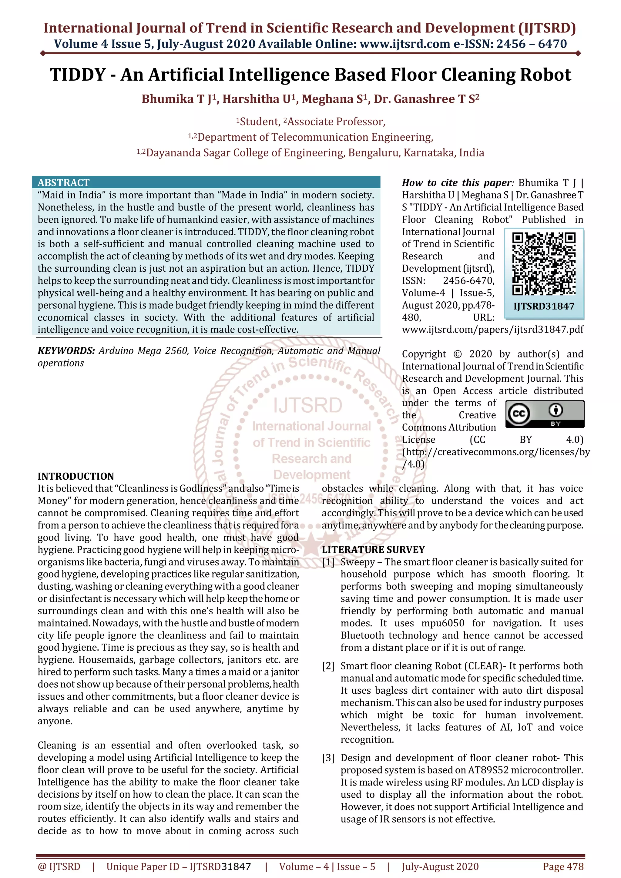 TIDDY An Artificial Intelligence Based Floor Cleaning Robot | PDF