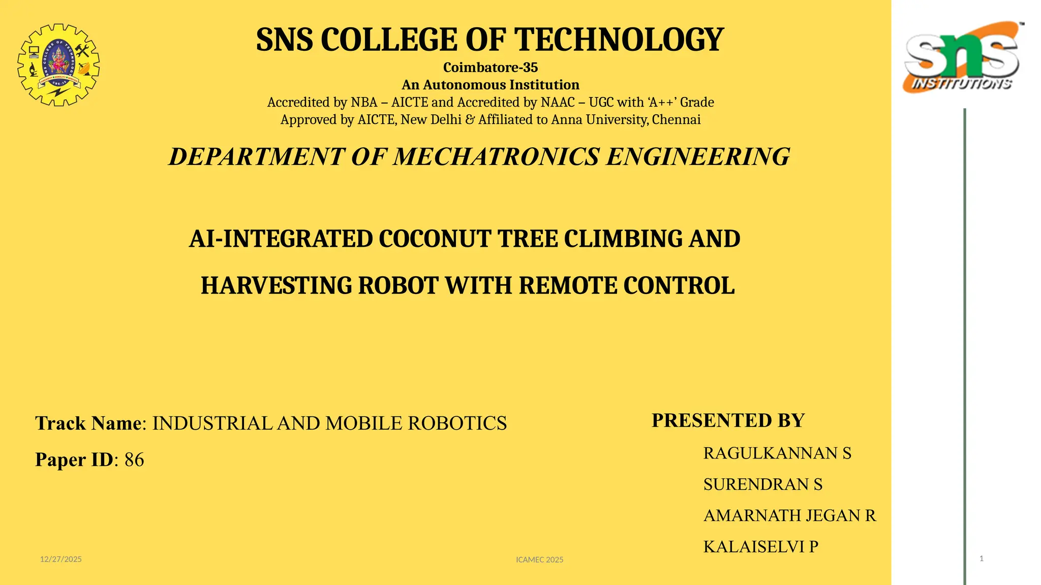 86 - AI-INTEGRATED COCONUT TREE CLIMBING AND HARVESTING ROBOT WITH ...