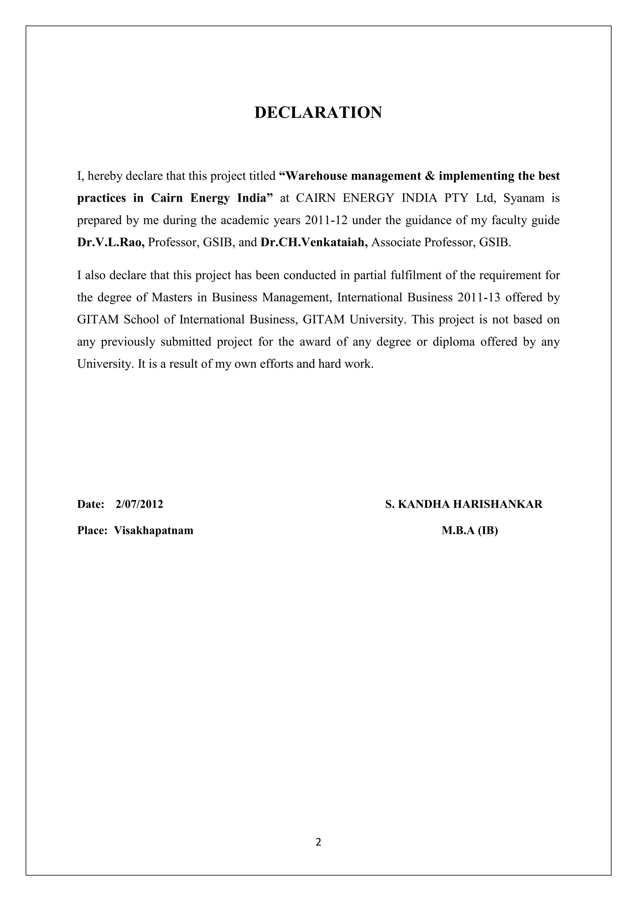 Best Practices of Inventory & Warehouse Management at CAIRN INDIA LTD | PDF