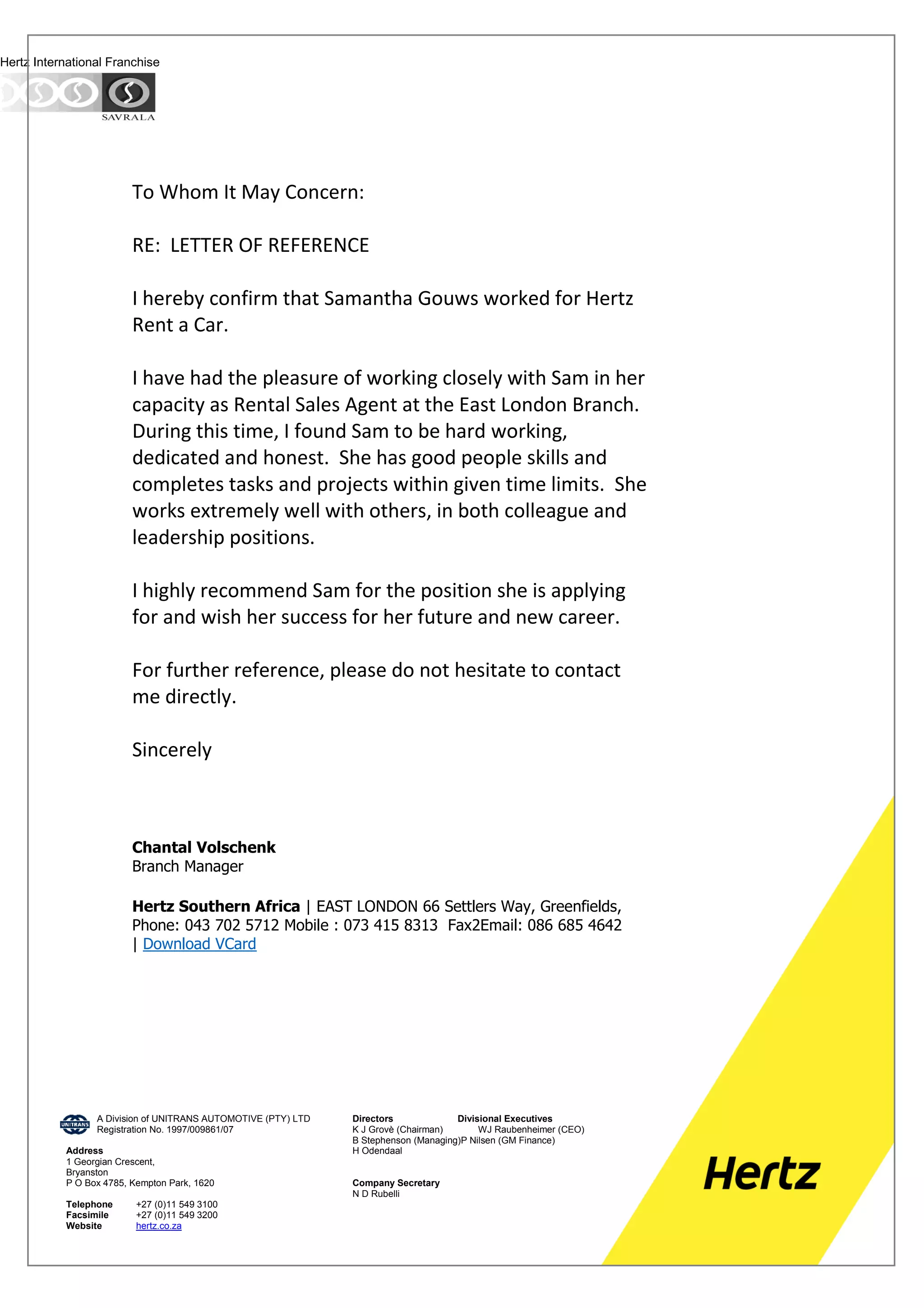 Reference letter Hertz | PDF