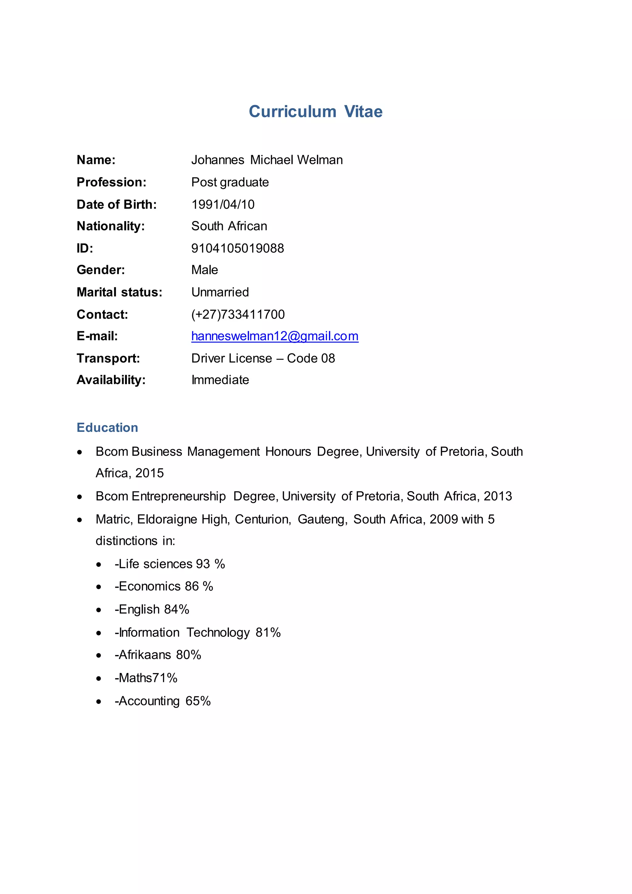 Johannes Michael Welman - CV | DOCX